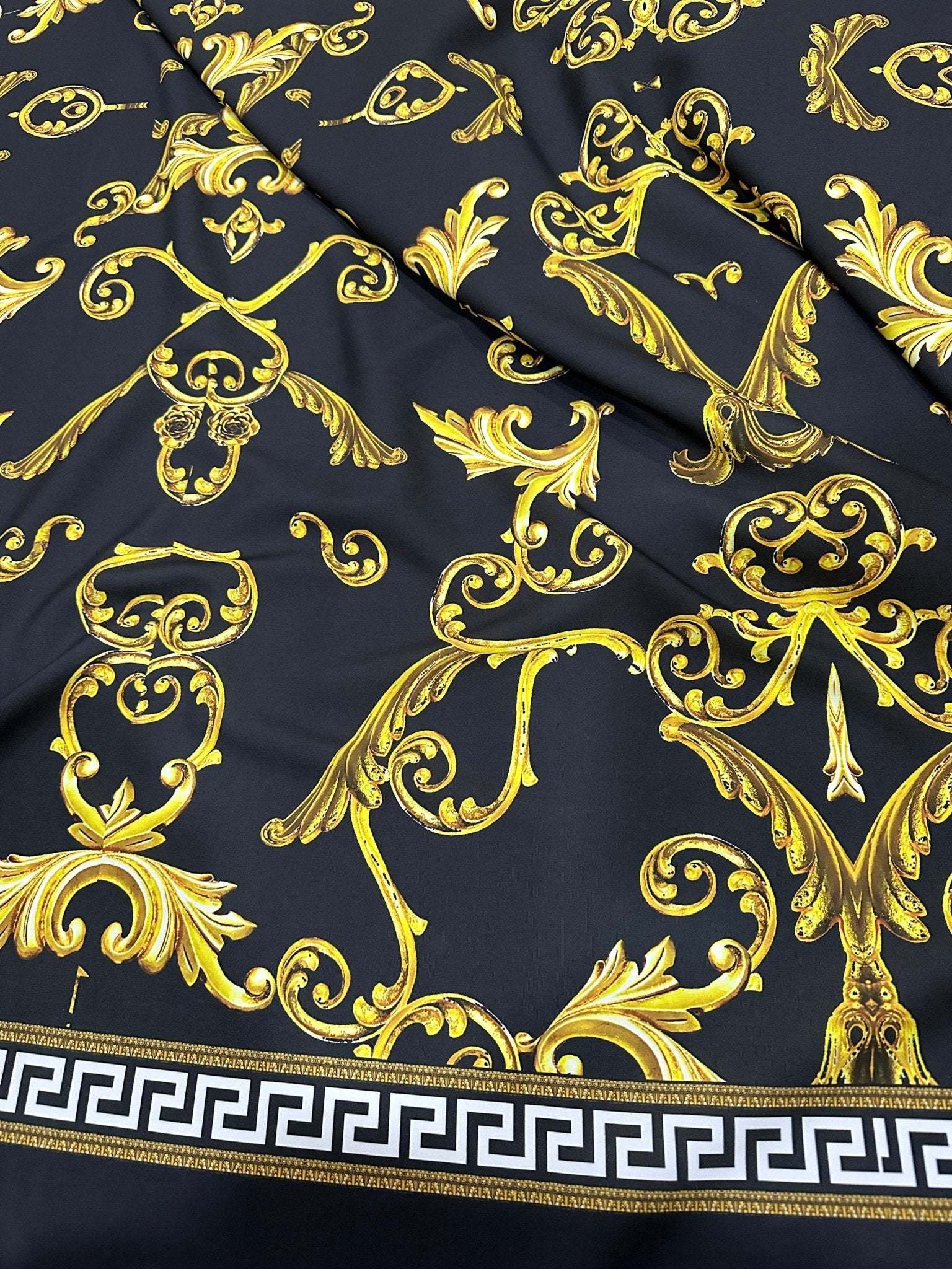 Black Gold Greek Key Fabric - Baroque Pattern Fabric by the Yard