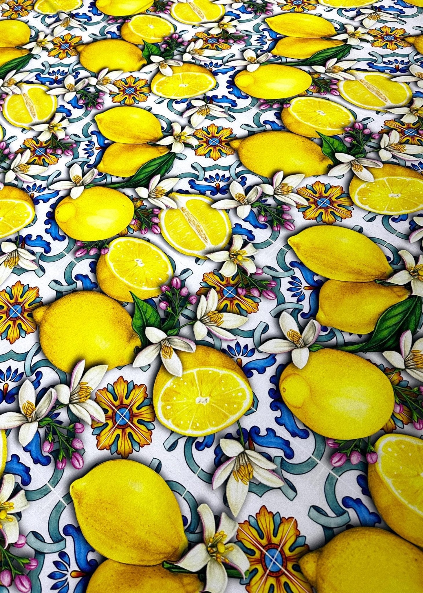 Lemon Blue Spanish Pattern Fabric - Vibrant Sewing and Craft Decor